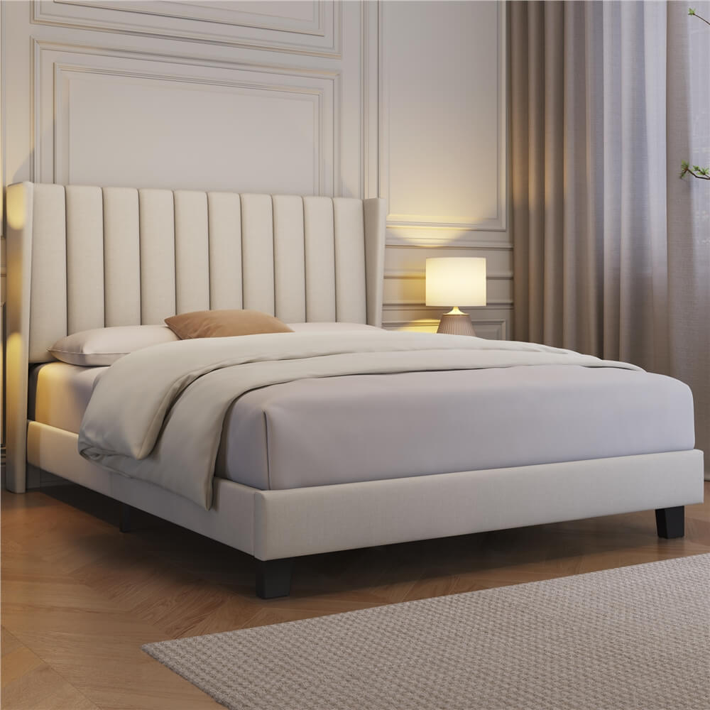 Yaheetech Bed Frame Upholstered Platform Bed with Fabric Headboard ...