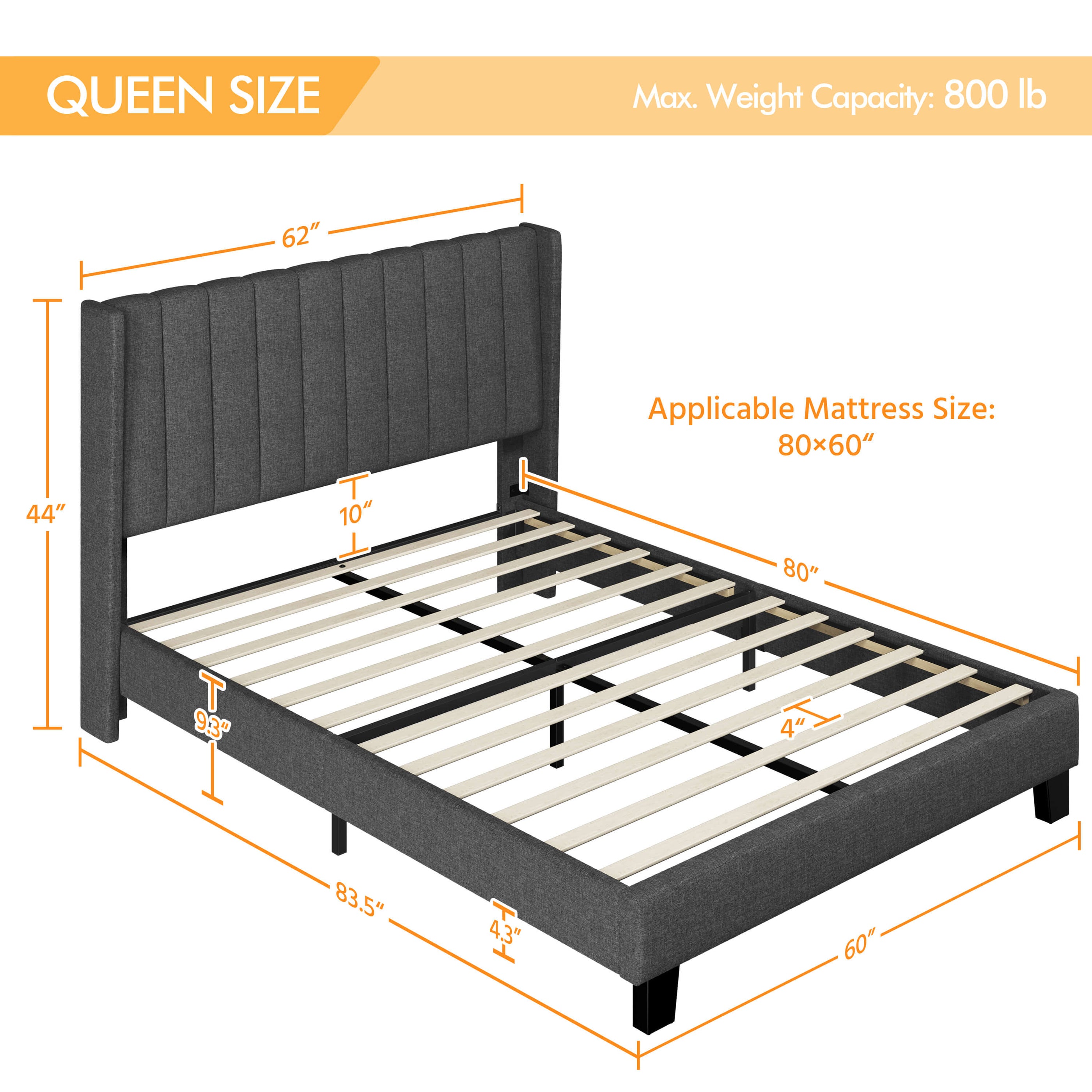 Yaheetech Bed Frame Upholstered Platform Bed with Fabric Headboard ...
